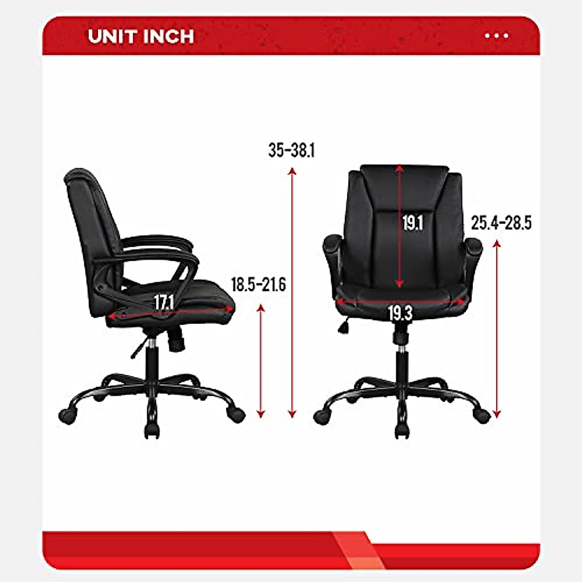 Home Office Chair Ergonomic Desk Chair PU Leather Task Chair Executive Rolling Swivel Mid Back Computer Chair with Lumbar Support Armrest Adjustable Chair for Men (Black)