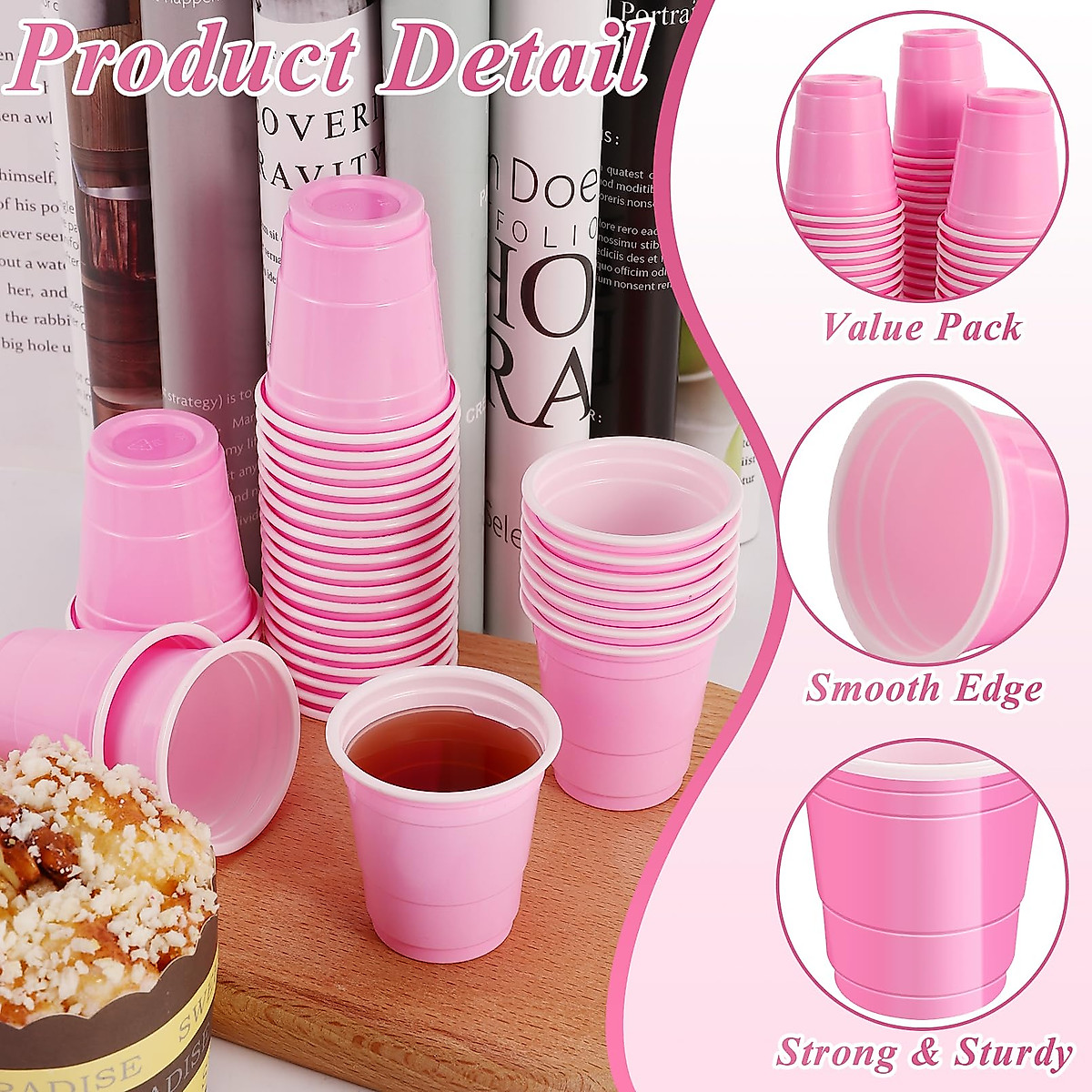 Blcculi 100 Pcs 2 oz Plastic Pink Shot Glasses - Disposable Party Cups for Jello Shots, Bachelorette and Birthday Parties - Mini Tasting Serving Shot Cups
