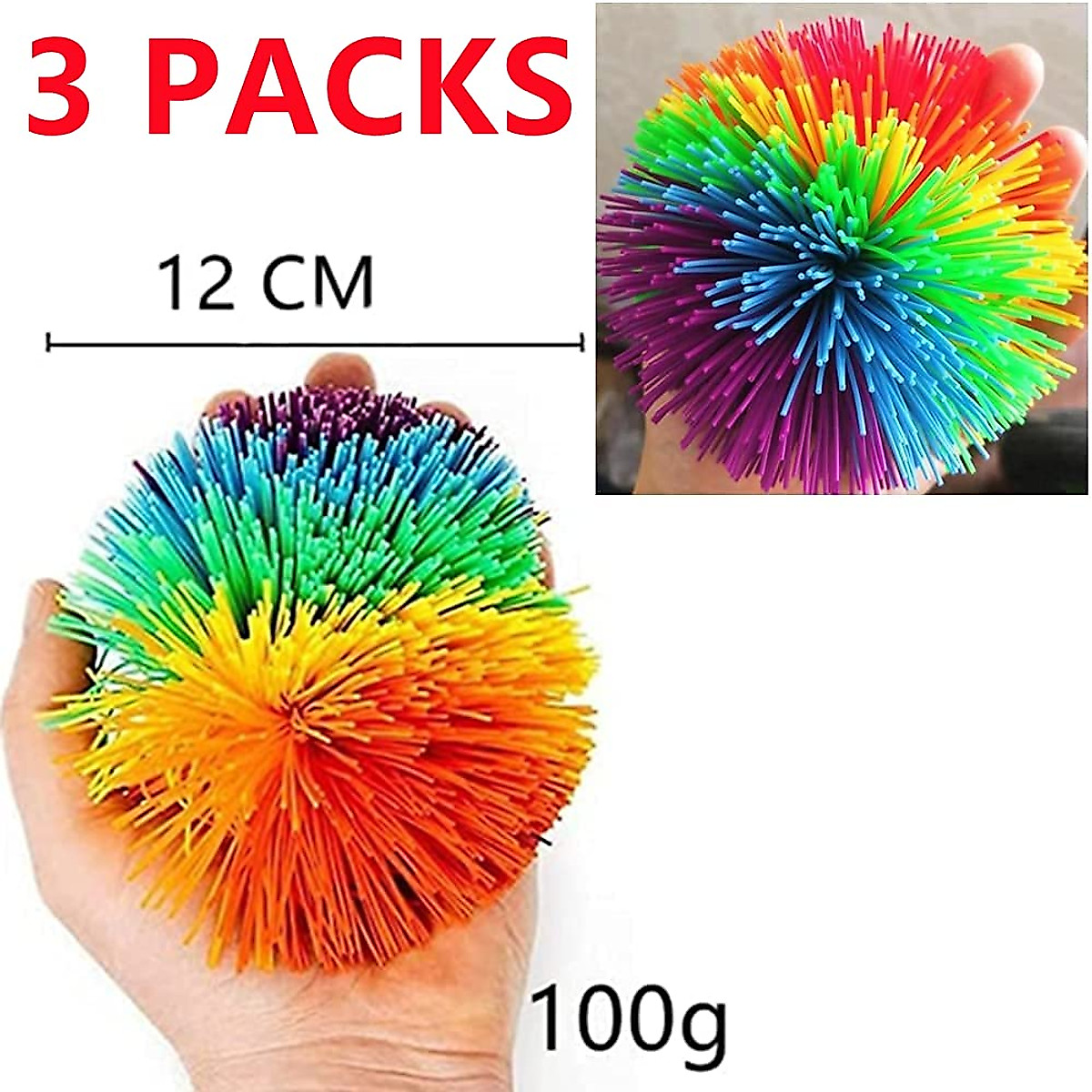 3 Packs of Large Monkey Stringy Ball,Size of 12cm/4.7Inch DiameterEach Ball-Weight of 100g / 0.22Ib Stress Sensory Fidget Balls Colorful Bouncy Ball