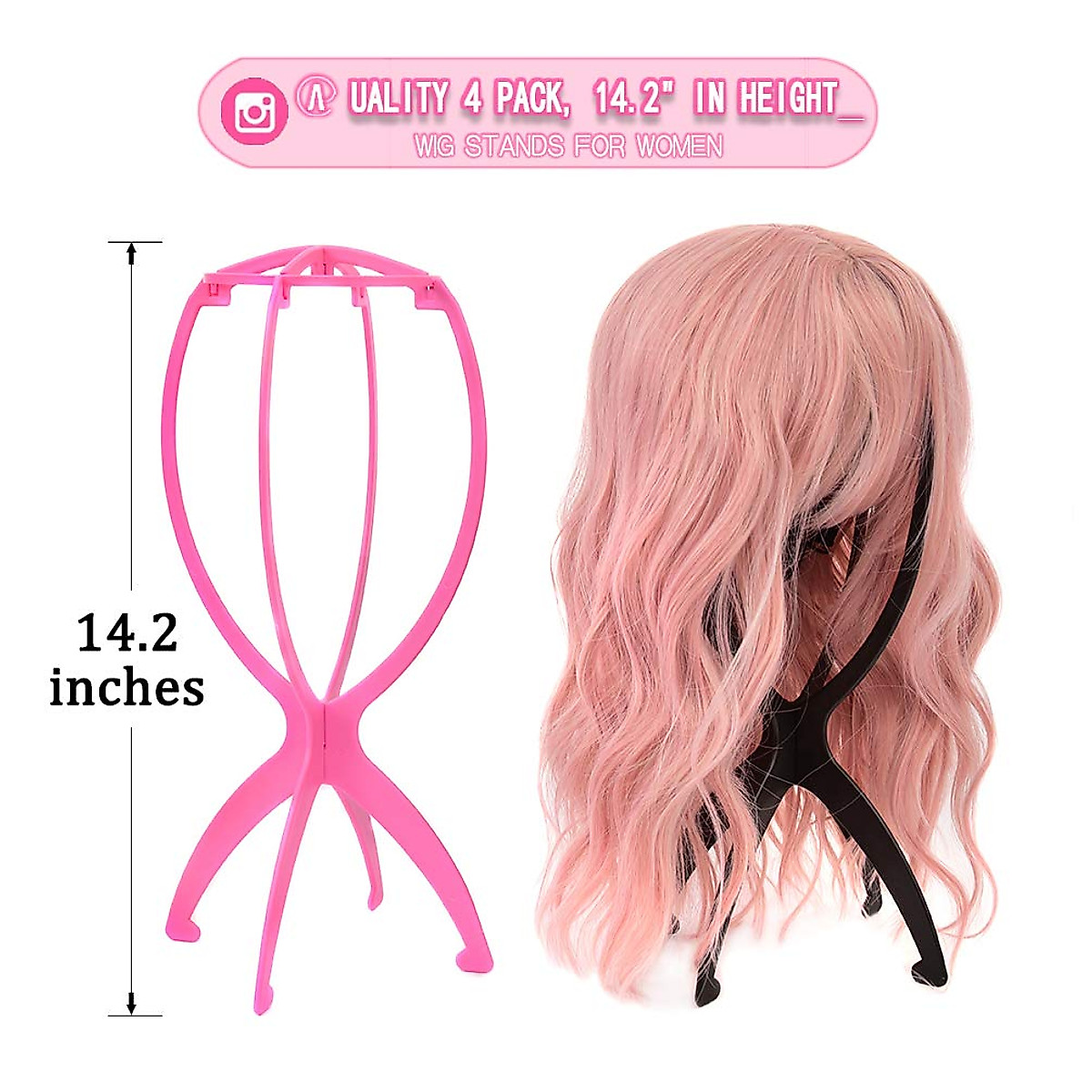 4 Pack Wig Stand Holder, Premium 14.2" Black Portable Collapsible Wig Holder for Multiple Wigs, Durable Wig Stands for Women