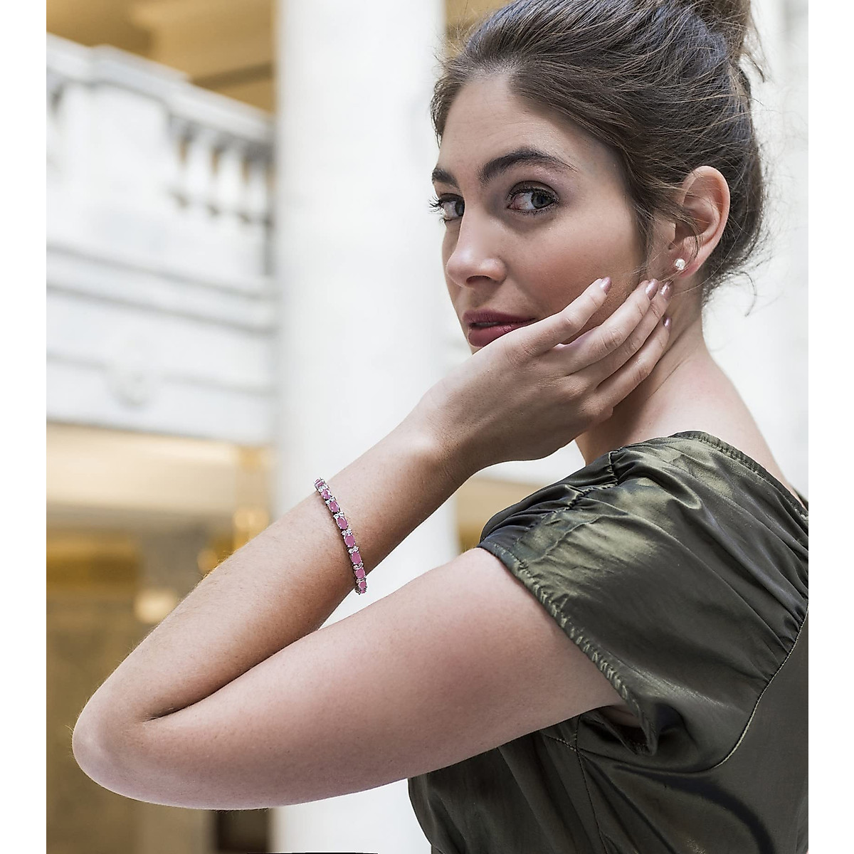 KEZEF Tennis Bracelets For Women - Cubic Zirconia - Oval 7x5mm Pink Gemstones - Round 2.50mm White CZ - Silver Plated Brass - 7 Inch - Hypoallergenic Bracelets