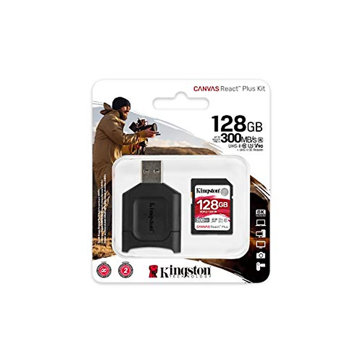 Kingston 128G SDXC Canvas React Plus 300MB/s Read UHS-II, C10, U3, V90 Memory-Card (MLPR2/128GB)