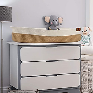 Baby Changing Basket, Moses Diaper Basket w/ foam pad, 2 waterproof covers, blanket, diaper caddy organizer, table/dresser/nursery topper, boho bassinet station woven rope tray, storage (Brown)