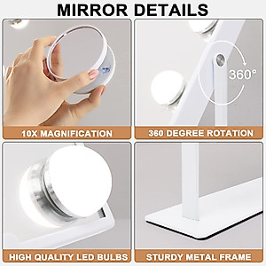 Hansong Lighted Vanity Mirror with Bluetooth Speaker and Wireless Charging Makeup Mirror with Lights 9 Dimmable Bulbs Lighted Makeup Mirror 3 Color Lighting Tabletop (White)