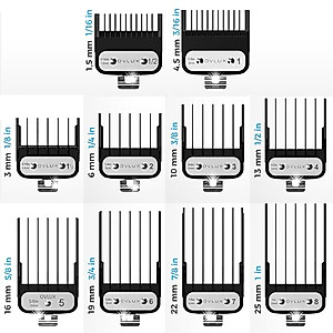 Professional set of 10 semi-metal black clipper guards, compatible with most Wahl clippers and ranging from 1/16" to 1",