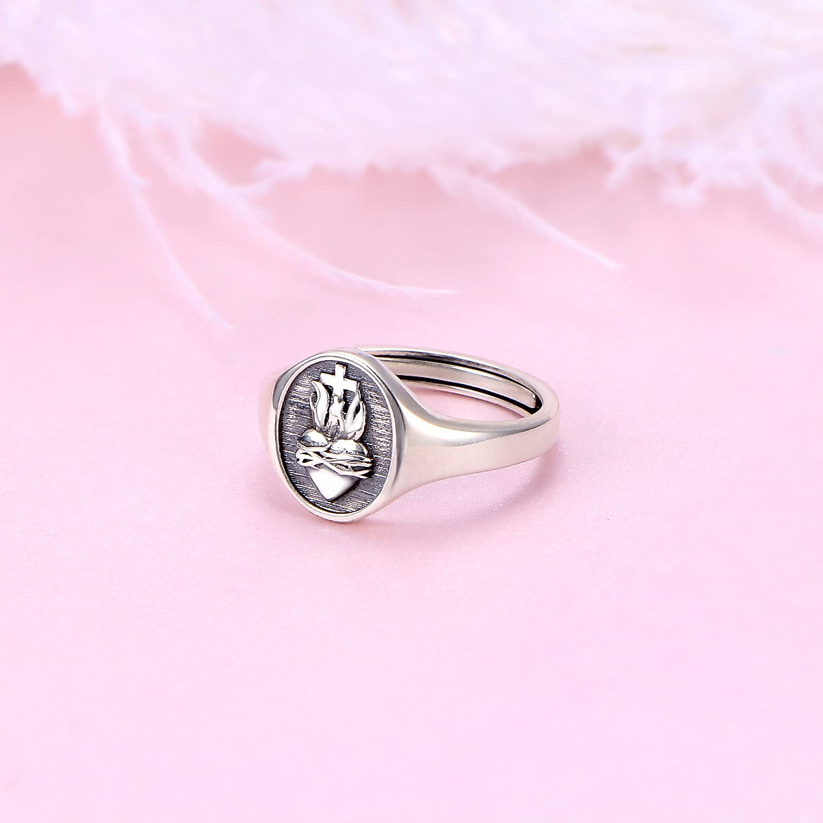 S925 Sterling Silver Flaming Sacred Heart Rings Catholic Faith Charm Women Signet Ring Adjustable Love of God Thorn Jewelry Easter Gifts, Size 7