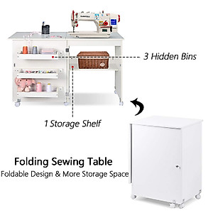 Usinso Folding Sewing Table Multifunctional Sewing Machine Cart Table Sewing Craft Cabinet with Storage Shelves Portable Rolling Sewing Desk Computer Desk with Lockable Casters(White)