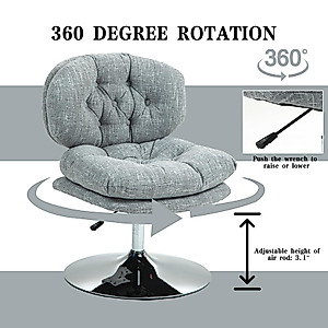 J.C.UP Criss Cross Chair, Armless Home Office Chair,Upholstered Button Tufted Accent Chair Vanity Chair with Double-Layer Cushions 360 Swivel Desk Chair (Round Base, Gray)