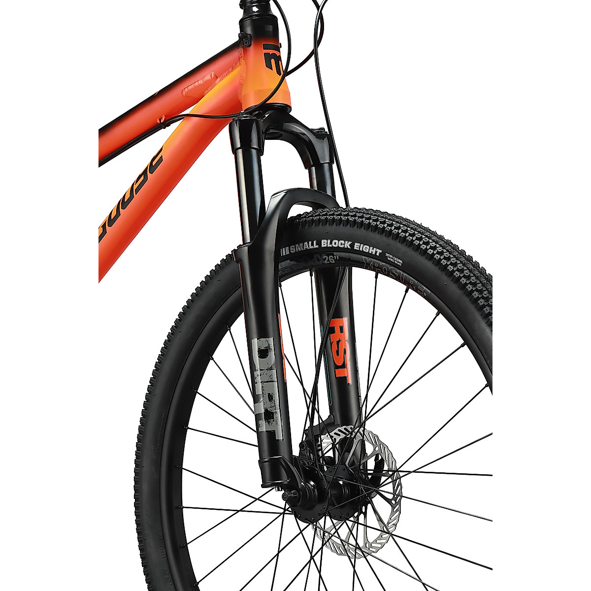 Mongoose Fireball Dirt Jump Mountain Bike, 26-Inch Wheel, 9-Speed Drivetrain, Front Suspension, Mechanical Disc Brakes, Orange