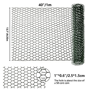 Aboofx Green Chicken Wire for Floral Arrangements, 40 x 13.7 inch Chicken Wire Mesh, Hexagonal PVC Coated Galvanized Iron Wire for Garden, Chicken Wire Fencing with 20 Zip Ties and 1 Pair of Glove