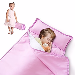 Toddler Nap Mat with Pillow & Removable Blanket, Kids Nap Mat for Toddler Boys Girls, Super Soft and Cozy, Nap Mat for Daycare, Preschool,Kindergarten, Kids Sleeping Bag, Purple, 21” x 50”