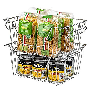 Slideep 12.2'' Large Stackable Storage Baskets Cabinet Organizer Sturdy Metal Wire Pantry Freezer Bin for Pantry Home Bathroom Kitchen Organization 2 Packs