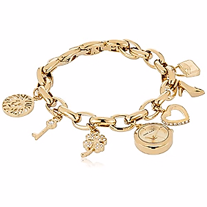 Anne Klein Women's Premium Crystal Accented Gold-Tone Charm Bracelet Watch, 10/7604CHRM