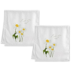 Dallonan Soft Cotton Face Wash Towels Yellow and White Daisy Cartoon Gym Hand Towels for Working Out Bathroom Decorative Set of 2 for Guest Bathroom 16x30 Inches