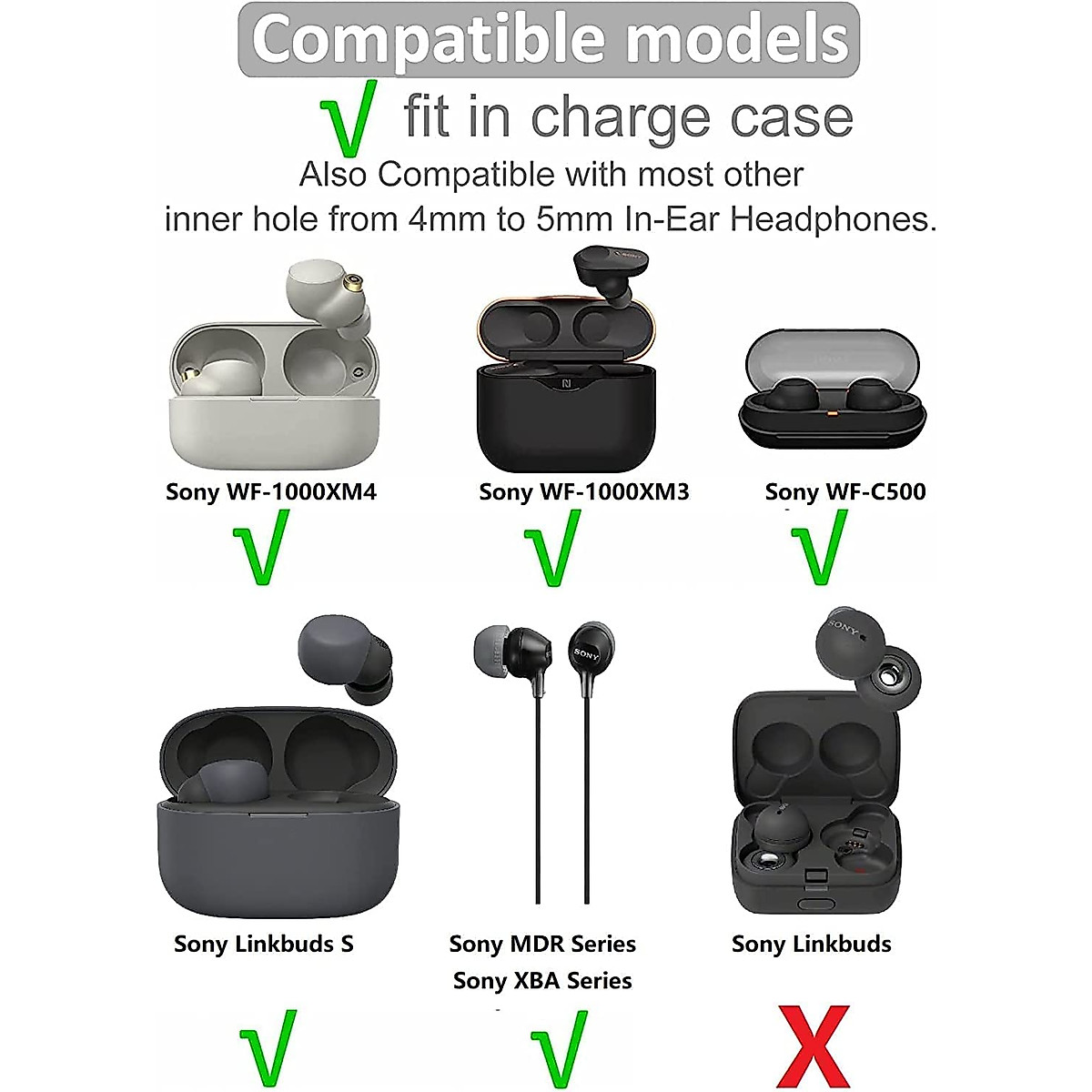 JNSA Silicone Ear Tips Replacement for Sony XBA MDR WF Earphones, Compatible with WF-1000XM5,1000XM4,1000XM3 Earbuds Tips Eartips Ear Caps, Fit in case, M Size 6 Pairs,Silicone Black/Medium