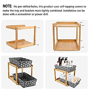 TCJJ 2-Tier Woven Baskets for Storage, Under Bathroom/Kitchen Sink Organizers and 2 Sliding Storage Bamboo Tray Bathroom Kitchen Pantry Medicine Cabinet Counter(Grey) (SBBH)