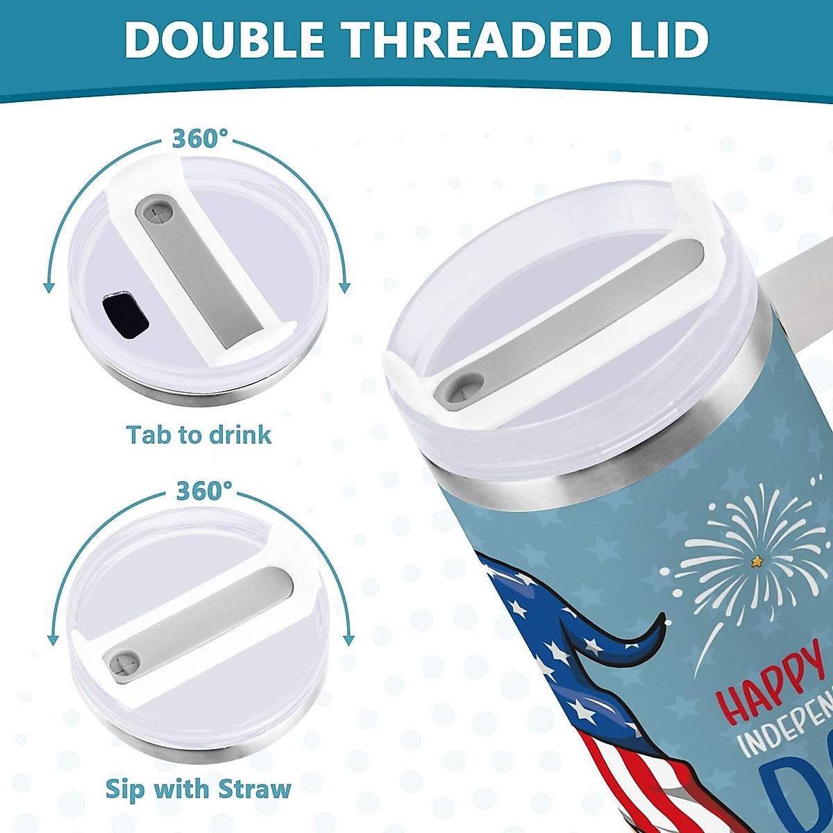 Exnundod 40 oz Tumbler with Handle Patriotic Gnome with Fireworks Insulated Stainless Steel Cup with Lid and Straw 4th July Travel Cup Leak-proof Fits in Car Cup Holder for Iced & Hot
