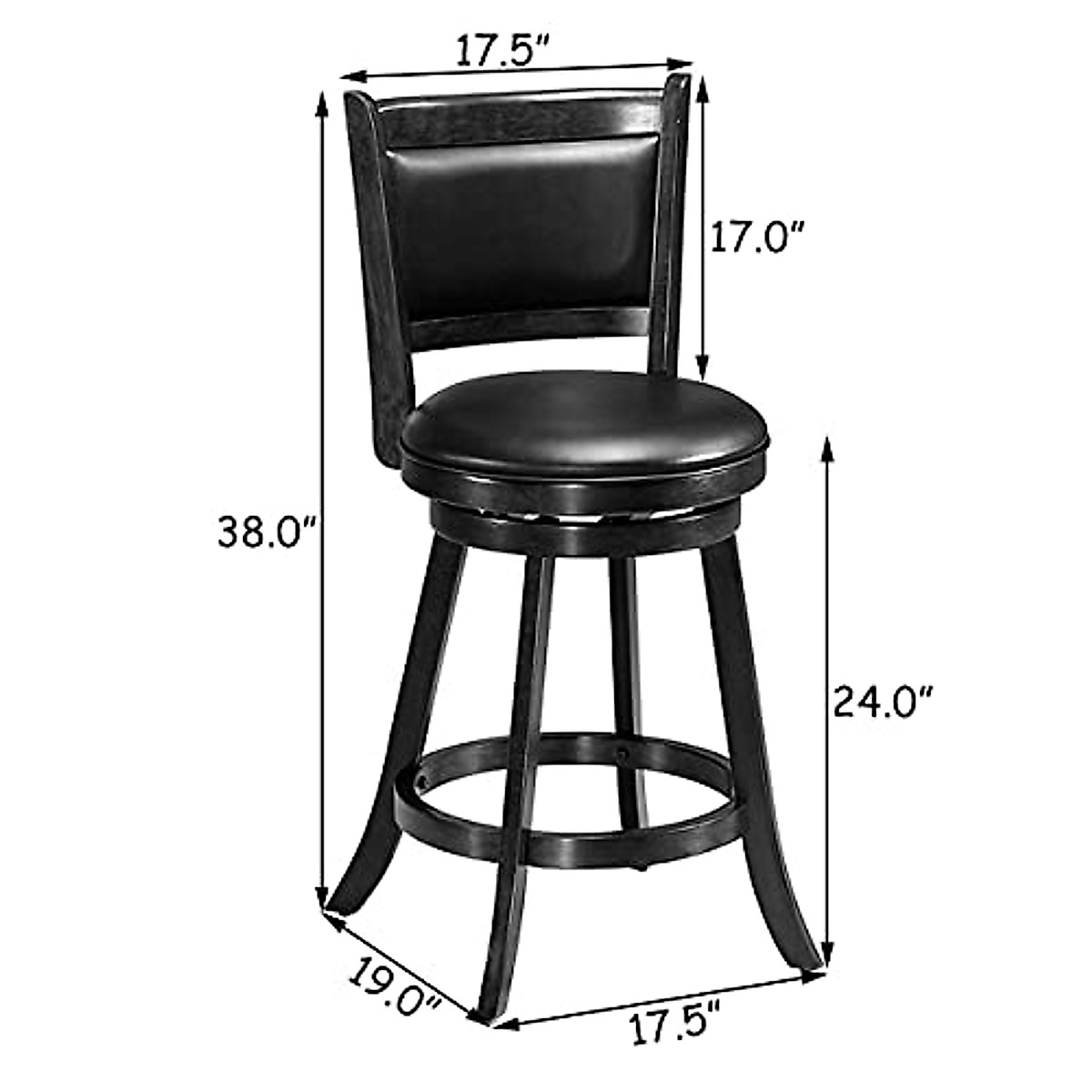 COSTWAY Bar Stools Set of 2, 360 Degree Swivel, Accent Wooden Swivel Back Counter Height Bar Stool, Fabric Upholstered Design, PVC Cushioned Seat (2 stools, Black 24'' Height)