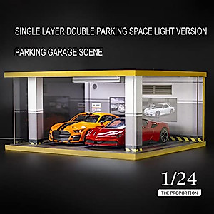 Sikivot 1/24 Scale Car Display Case,Car Model Toy with Parking Lot Scene, Die-cast Car Garage Display Case,2 Parking Space Acrylic Toy Garage with LED Light