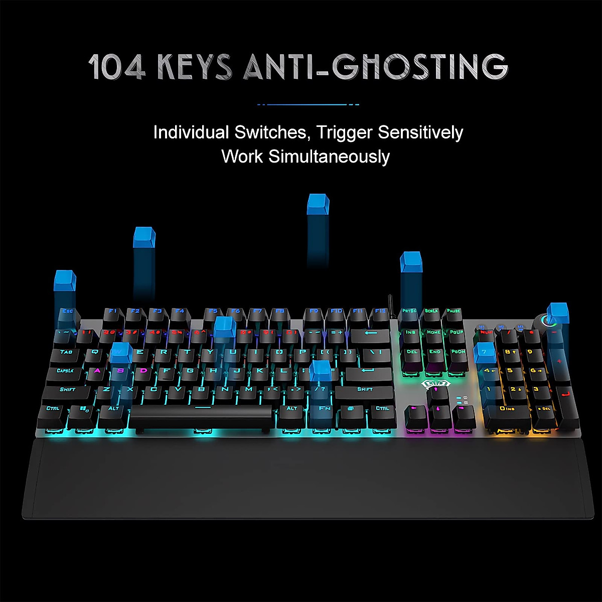 AULA Mechanical Gaming Keyboard Blue Switches,Rainbow LED Backlit,Ergonomic Wrist Rest,Aluminum Base,Full Size 108 Keys Anti-Ghosting,Macro Programmable Computer Keyboard Wired for PC Laptop