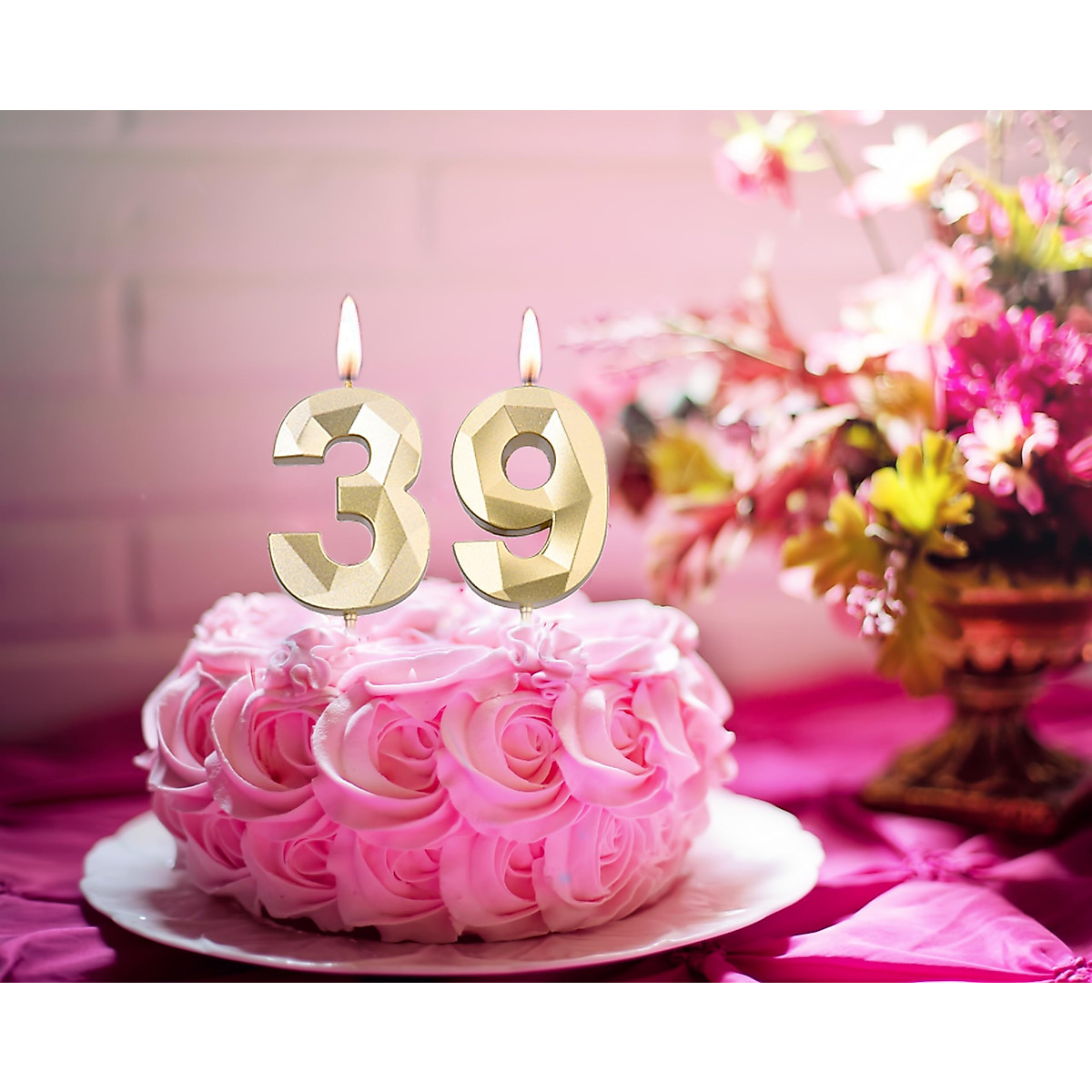 2 inch Gold 39 Birthday Candles, 3D Diamond Number 39th Cake Topper for Boys Girls Birthday Party Decorations Theme Party