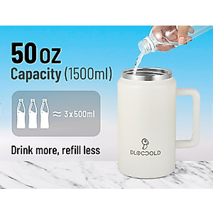 DLOCCOLD 50 oz Mug Tumbler with Handle and Straw Lid, Stainless Steel Insulated Large Travel Jug with Handle, Double Wall Reusable Water Bottle, White