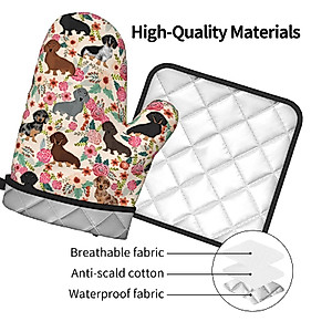 Hitamus Floral Dachshunds Oven Mitts and Pot Holders Sets, Heat Resistant Kitchen Microwave Gloves Non-Slip Pot Pads for Grilling Baking Cooking BBQ (Set of 2)