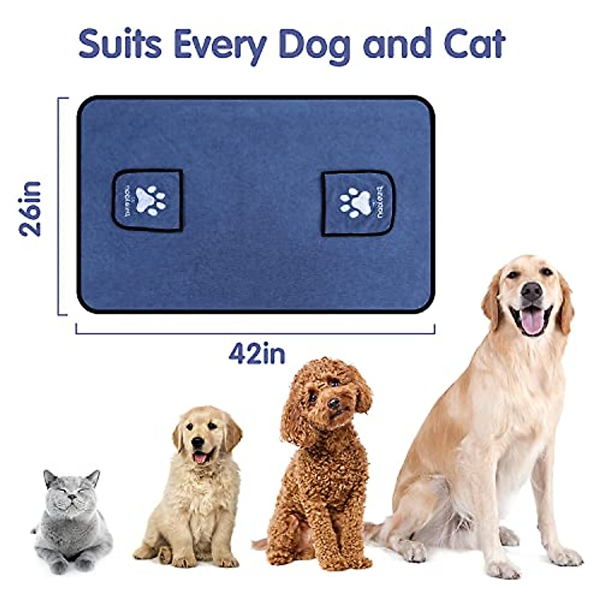 Nobleza Dog Towel, Super Absorbent Large Pet Towel with Hand Pockets, Microfiber Quick Drying Dog Towels for Drying Dogs, Mazarine