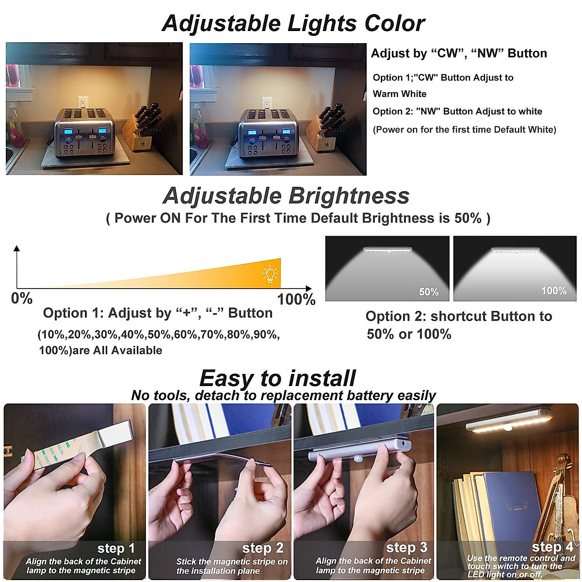 Remote Control Under Cabinet Lights with Remote 6 Pack, 20-LED Dimmable Closet Lighting Battery Operated Under Counter Light, Stick on Touch Night Light Strip for Kitchen Stairway Bedroom, 3 Colors