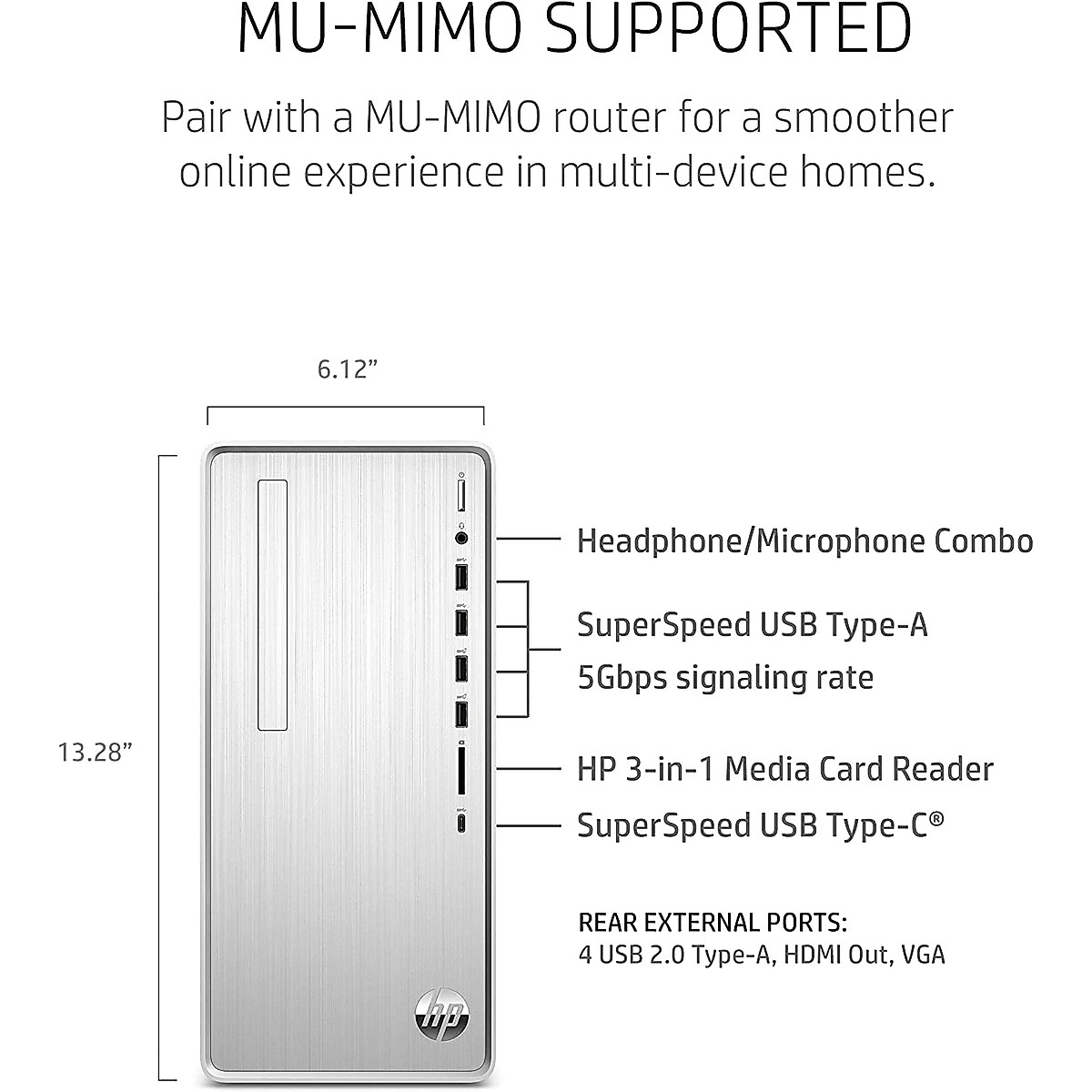HP Pavilion TP01-2019 Desktop Mini Tower, AMD R5 5600G (3.9 GHz) 12GB RAM, 512 GB PCIe NVMe SSD, AMD Radeon IGP Windows 11 Home 318J0AAR#ABL - Natural Silver (Renewed)