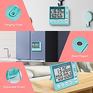 Jayron KT002A 2-Channel Kitchen Timer Magnetic Countdown Timer Clock Temperature and Humidity Meter Digital Minute/Second Timer Desk Clock for Elderly Kids（Blue）