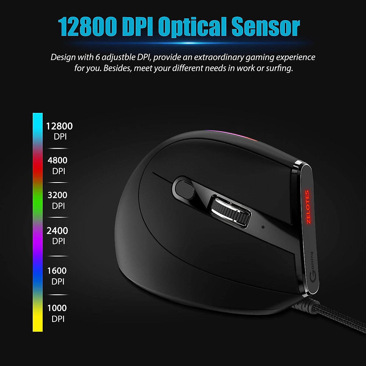 TRELC RGB Gaming Mouse, Ergonomic Mouse with 12800 DPI/9 Programmable Buttons, On-Board Memory, Lightweight Vertical Optical Gaming Mice Wired for Windows/PC/Laptop/E-Sports/Gamer (Black)