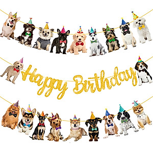Dog Happy Birthday Banner Decorations Baby Dog Birthday Party Supplies Gold Glitter Puppy Birthday Banner Decorations for Pet Dog Theme Party Bunting Decoration Baby Shower Party Supplies