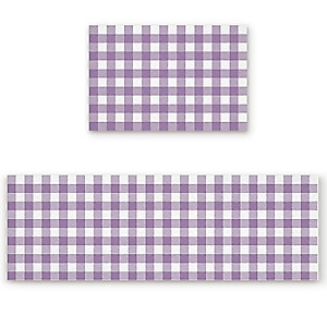 Kitchen Rugs, Purple and White Buffalo Check Plaid Gingham Farmhouse Decoration Non Slip Runner Rug Mat for Floor, Kitchen, Bedside, Sink, Office, Laundry, Set of 2