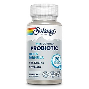 SOLARAY Mycrobiome Probiotic Men’s Formula, Probiotics for Men, Gut Health, Digestion, Immune Function & More, 20 Billion CFU Mens Probiotic, 24 Strains Plus Prebiotic, 30 Servings, 30 VegCaps