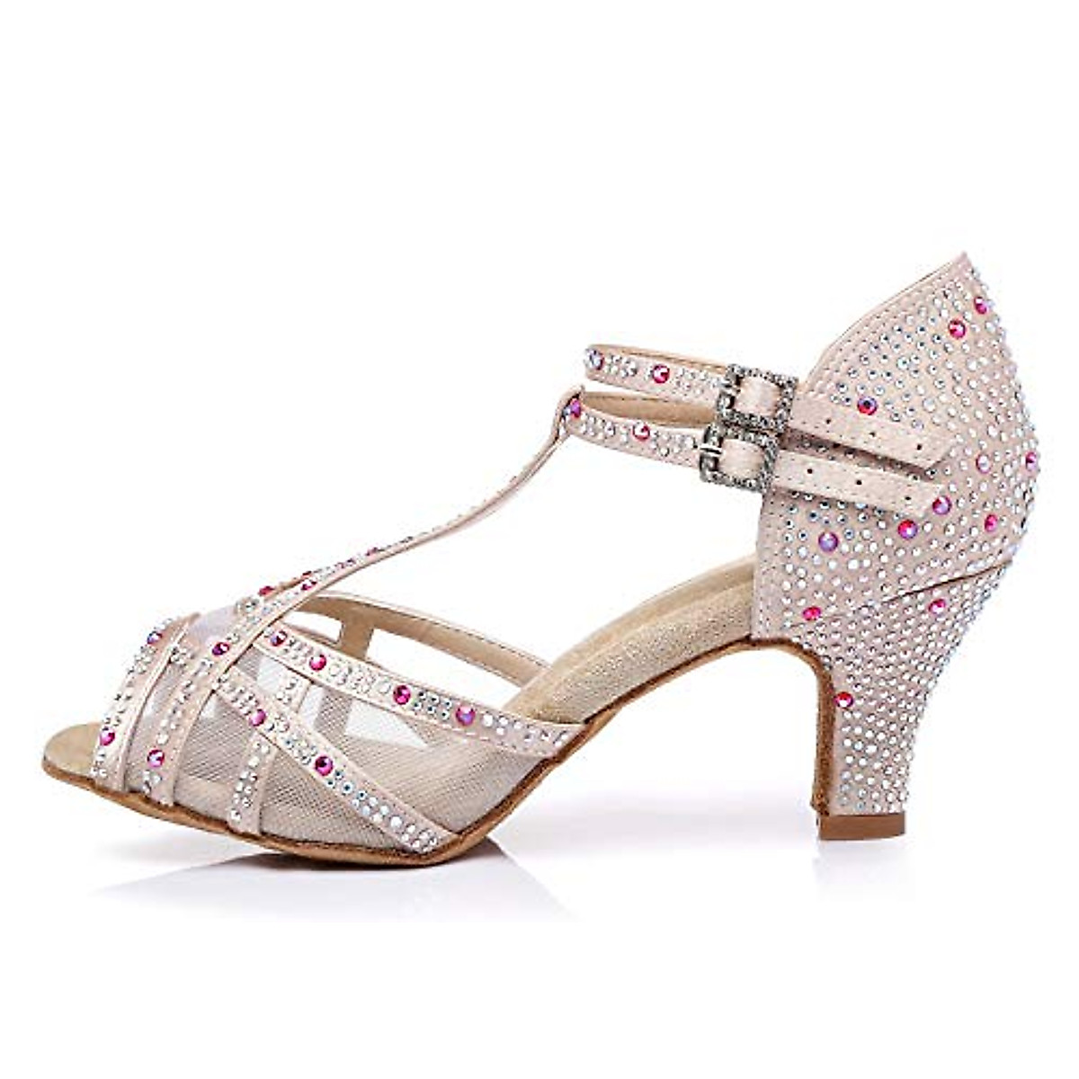 Minishion Crystals Dancing Sandals T-Strap Women's Satin Salsa Dance Shoes Nude US 8.5