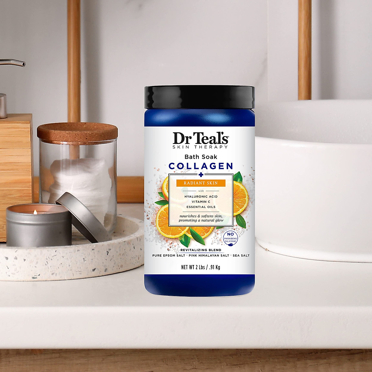 Dr Teal's Skin Therapy Epsom Salt Bath Soak Collagen + Radiant Skin with Hyaluronic Acid, Vitamin C and Essential Oils, 2 lbs (Packaging May Vary)