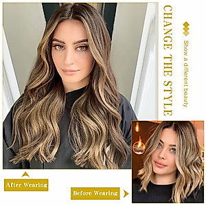 AISI QUEENS Long Wavy Ombre Wig Brown Mixed Blonde Synthetic Middle Part Wigs for Women Heat Resistant Hair Replacement Wigs for Daily Wear 20 Inch