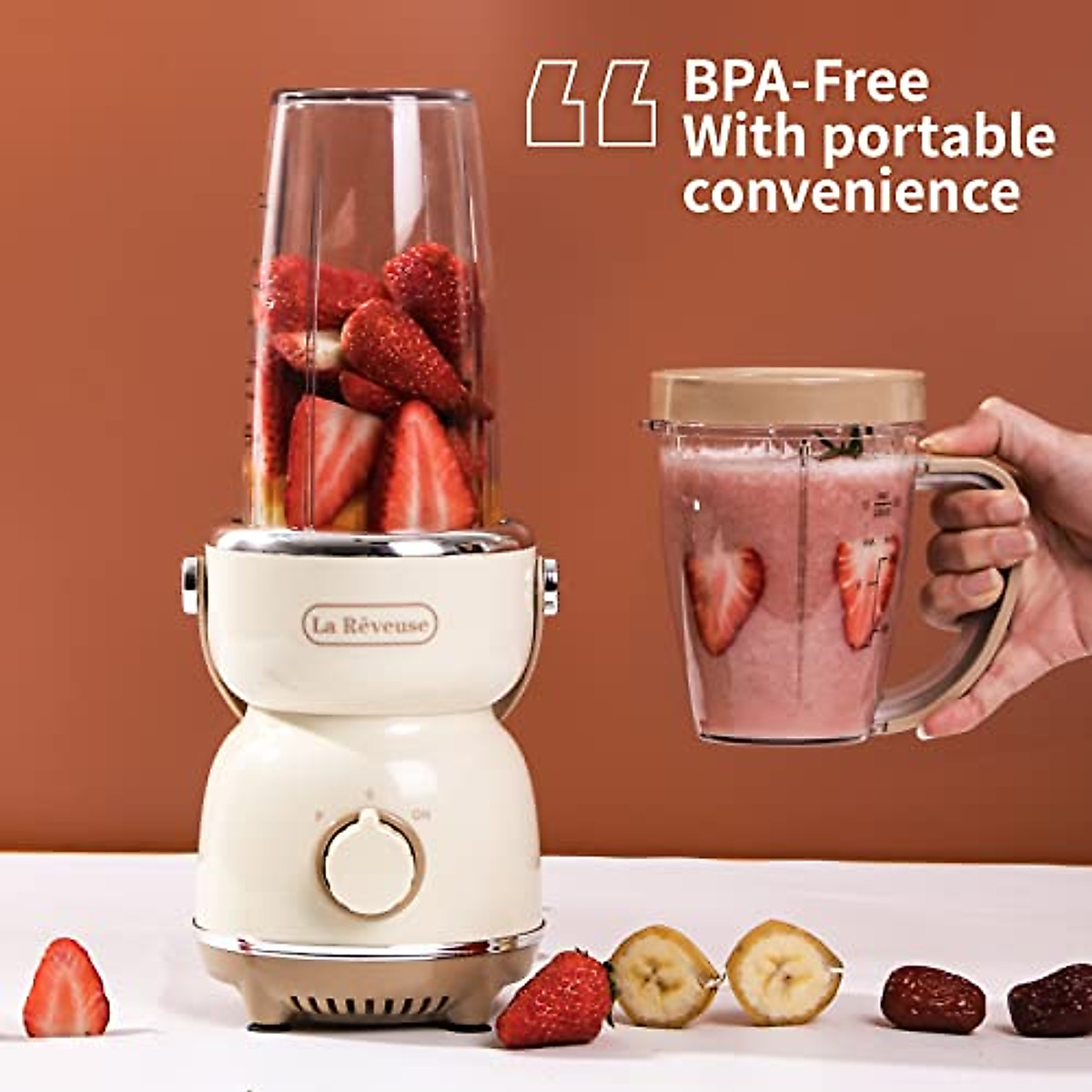 La Reveuse Personal Size Bullet Blender 300 Watts for Shakes Smoothies Seasonings Sauces with 17 oz Cup / 10 oz Mug,Retro Style