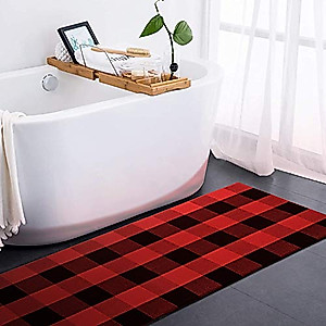 Buffalo Plaid Area Rug, 23.6 x 51.2 inch Kitchen Rug Cotton Outdoor Mat for Porch Bathroom Carpet Living Room Indoor Doormat, Black and Red