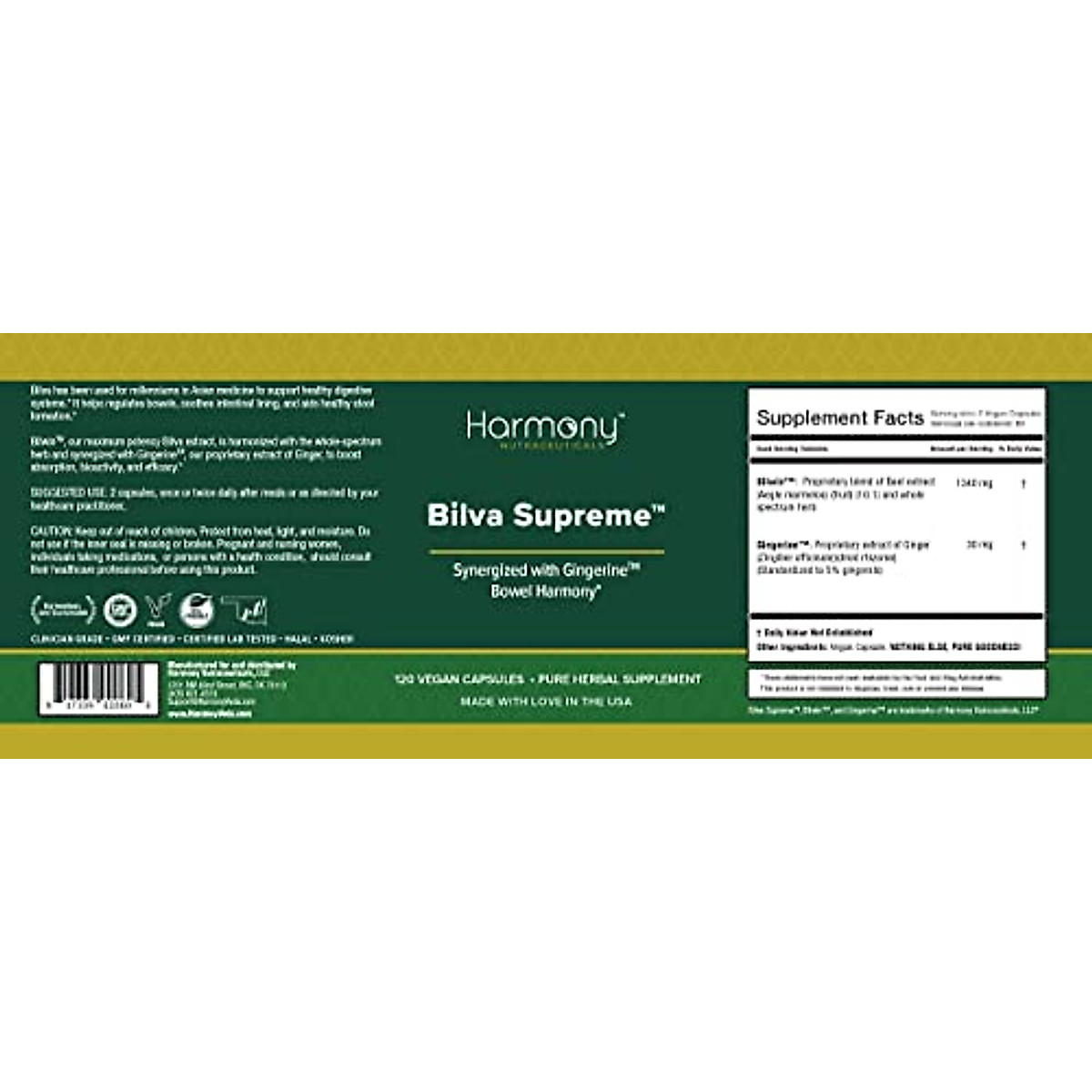 Bilva Supreme - Synergized with Gingerine - Harmony Nutraceuticals Ayurvedic Medicine to Support Healthy Digestive System - 120 Vegan Capsules