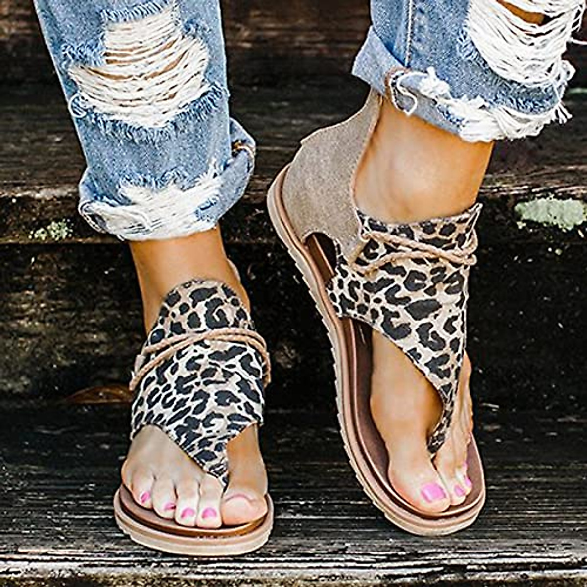 Bomden Womens Sandals, Flat Sole, Leopard Printed, Back Zipper, Summer Clip-Toe Shoes Comfy Sandals Flats Casual Beach Plus Size Flops Slippers Shoes, Khaki, Size:39 US:8 Foot Length:24.5cm9.65 inch