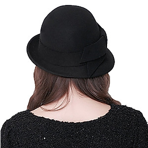 Bellady Women Solid Color Winter Hat 100 percent Wool Cloche Bucket with Bow Accent,Black, One Size