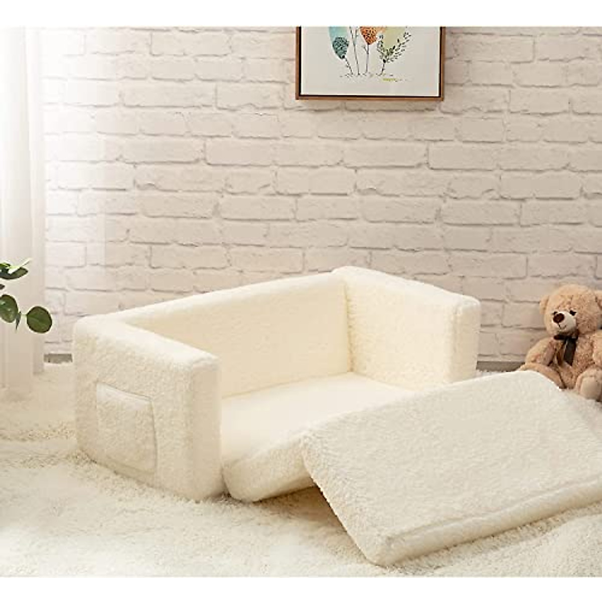 ALIMORDEN 2-in-1 Flip Out Extra Wide Cuddly Sherpa Toddler Couch, Convertible Sofa to Lounger, Cream