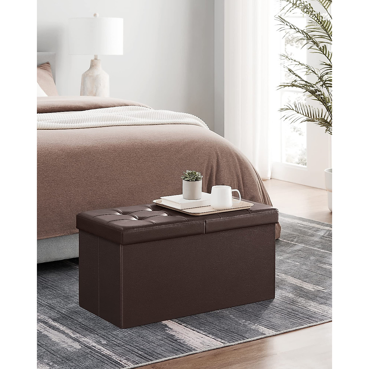 SONGMICS MAZIE Collection - 30 Inches Storage Ottoman Bench with Flipping Lid, Storage Chest Footstool, Load 660 lb, for Entryway, Living Room, Bedroom, Synthetic Leather, Brown ULSF45BR
