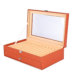 Pen Display Box 24 Piece Black Leather Flannel Pen Organizer Box,Glass Pen Display Case Storage Box with Lid,Top Glass Window Two Level Display Case with Drawer Pen Collection Display Case (Orange)
