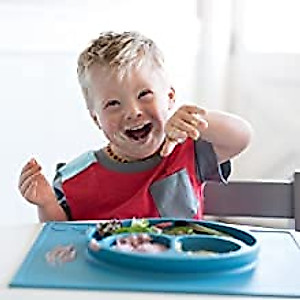 ezpz Happy Mat (Blue) New Version - 100% Silicone Suction Plate with Built-in Placemat for Toddlers + Preschoolers - Divided Plate - Dishwasher Safe