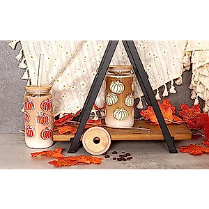 Fall Coffee Mug - Unique Autumn Decor & Iced Coffee Cup Fall Decor Pumpkin Mug with Pumpkin Decorations Thanksgiving Fall Wedding Tumbler Can Shaped Fall Cups with Bamboo Lid Glass Straw - 18oz