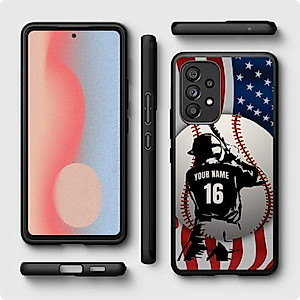 Personalized Baseball Player Name Number America Flag Design Rubber Cover Phone Case for Samsung Galaxy A53 5G/A03S/A02S/A10E/A12/A13/A32/A33/A42/A51/A52/A71 Custom Baseball Phone case