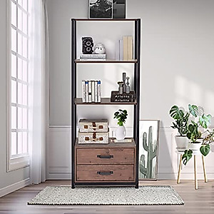Industrial Wood Bookcase with Two Drawers, Book Storage Rack with Open Display Shelves 4-Tier Open Etagere Bookcase with Adjustable Foot Pads for Living Room, Bedroom, Office, Brown